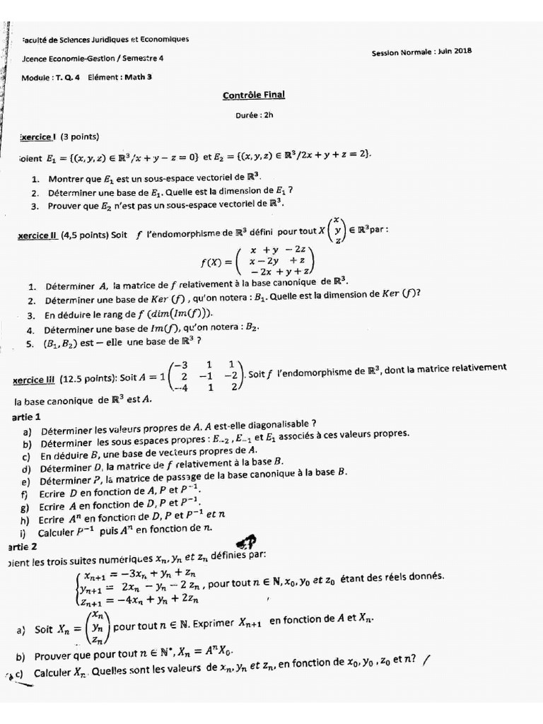 Examen 2018 Math s4 Avec Correction