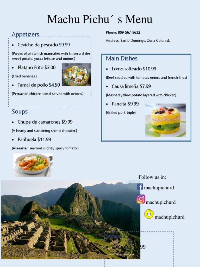 Machu Pichu S Menu: Appetizers | PDF