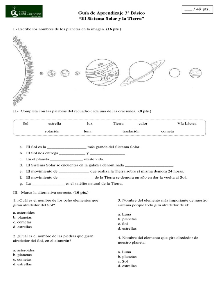 prueba de ciencias 3° basico A | Sistema solar | Tierra