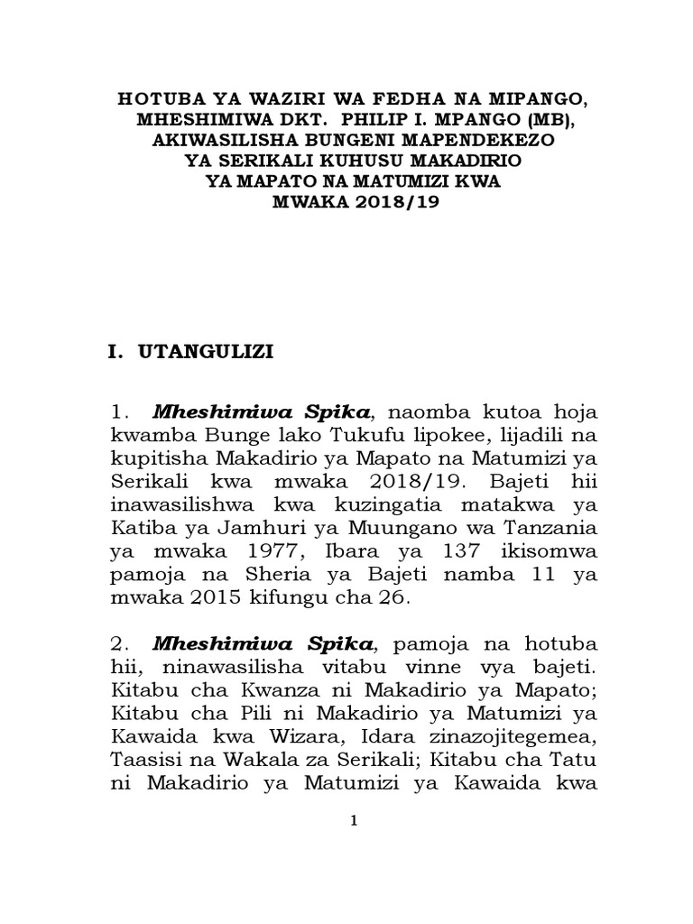 Hotuba Ya Bajeti Ya 2018/2019 | PDF