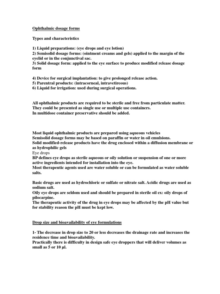 Ophthalmic Dosage Forms Types and Characteristics 1) Liquid ... | PDF ...