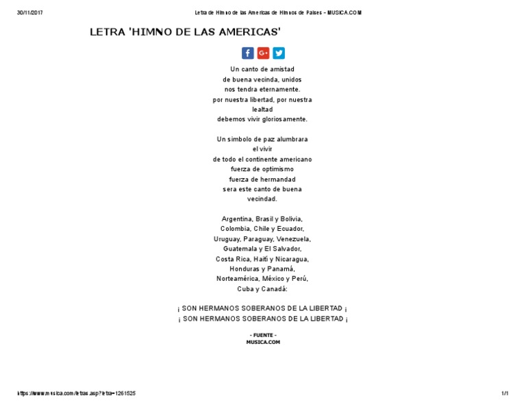 Letra de Himno de Las Americas de Himnos de Países - MUSICA | Américas ...