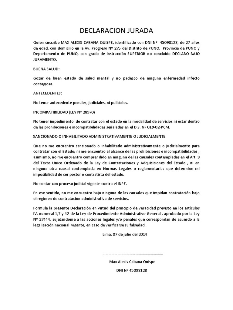 Declaracion Jurada | PDF | Estado de los Estados Unidos | Educación ...