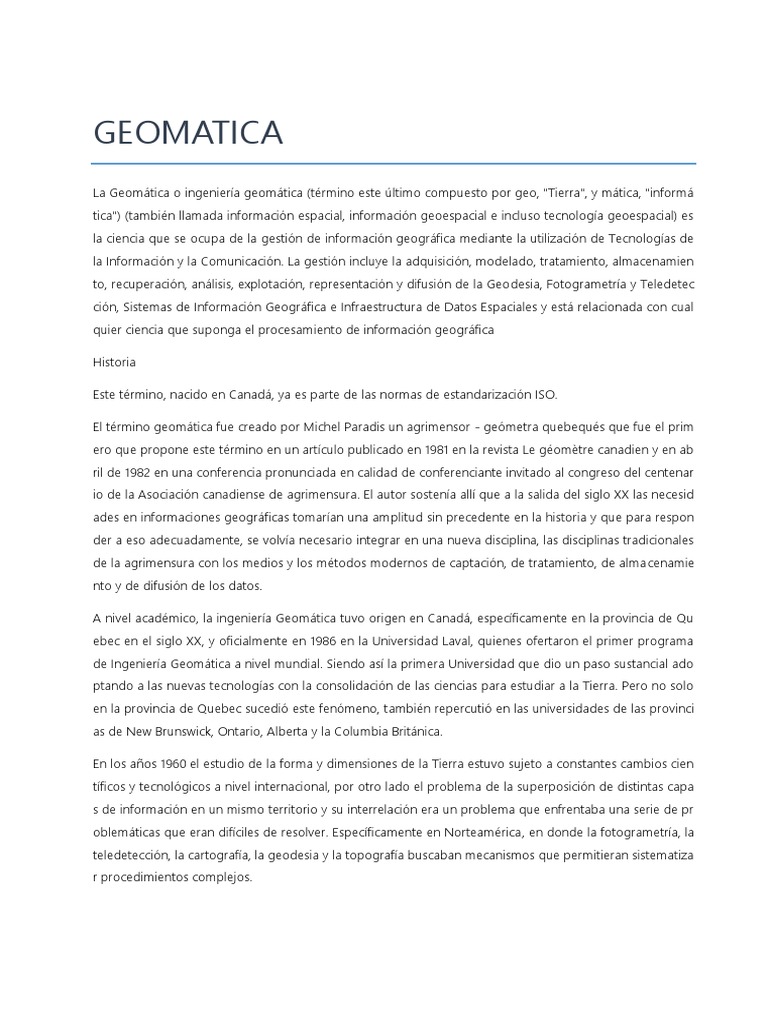 Geomatica Origen .Historia | PDF | Análisis geoespacial | Datos geográficos e información