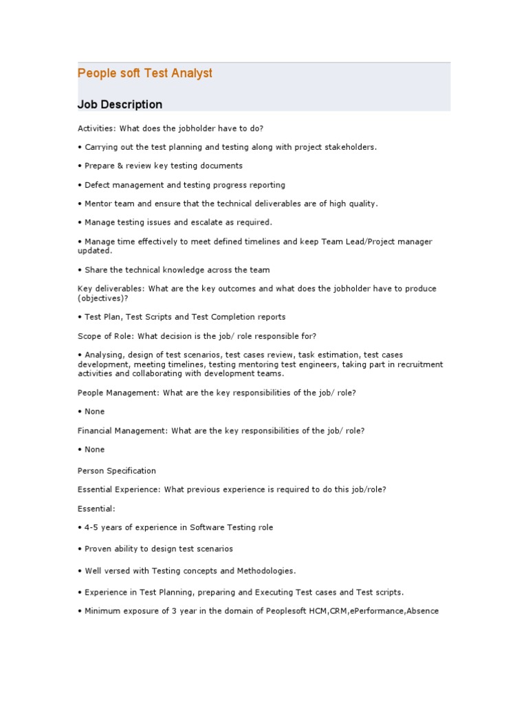 PeopleSoft Test Analyst Role | PDF | Business Analysis | Human Resource ...
