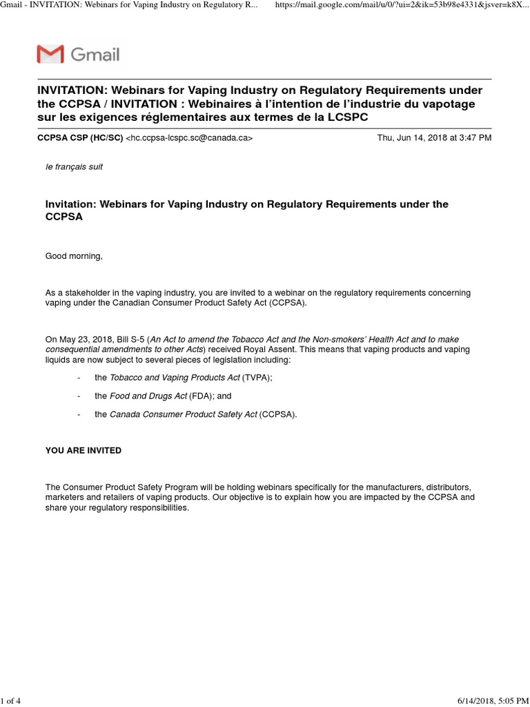 Invitation: Webinars For Vaping Industry On Regulatory Requirements ...