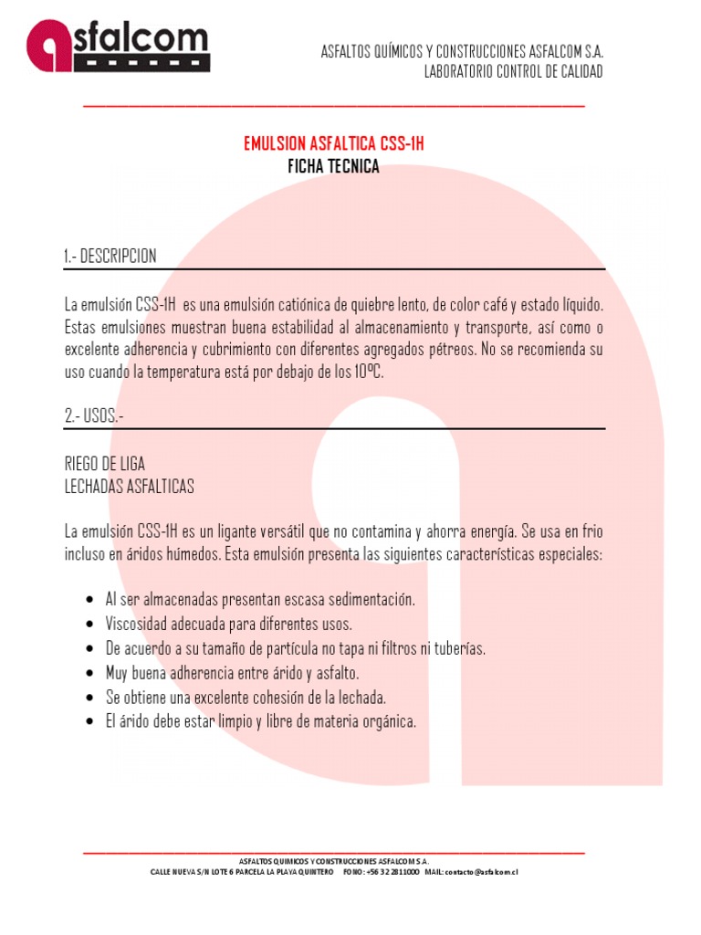 Ficha Tecnica Css-1h | Descargar gratis PDF | Emulsión | Hormigón Ficha Tecnica Css-1h | Descargar gratis PDF | Emulsión | Hormigón