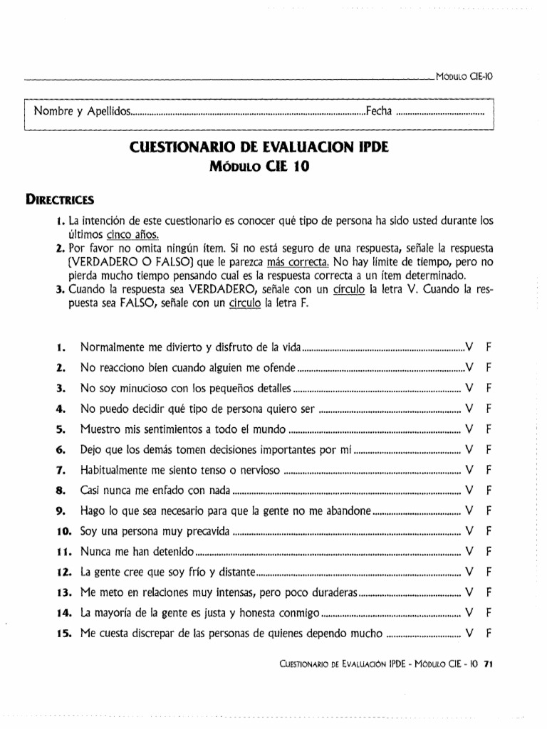 Examen Internacional de Trastornos de Personalidad (IPDE) | Sicología y ...