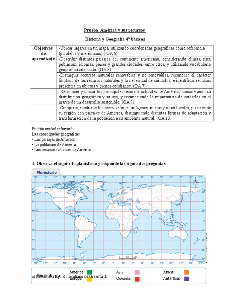 Prueba América y Sus Continentes Historia 4° Basicos | PDF | Américas ...