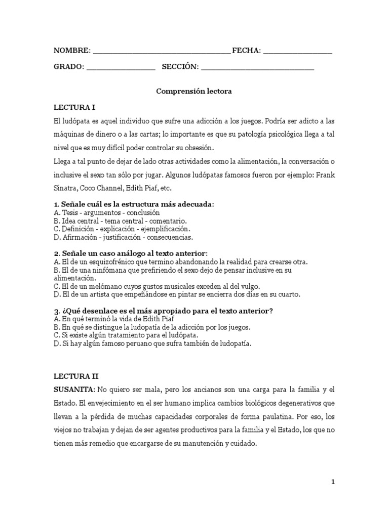 Lecturas Con Respuestas | PDF | Vejez | Problemas de juego