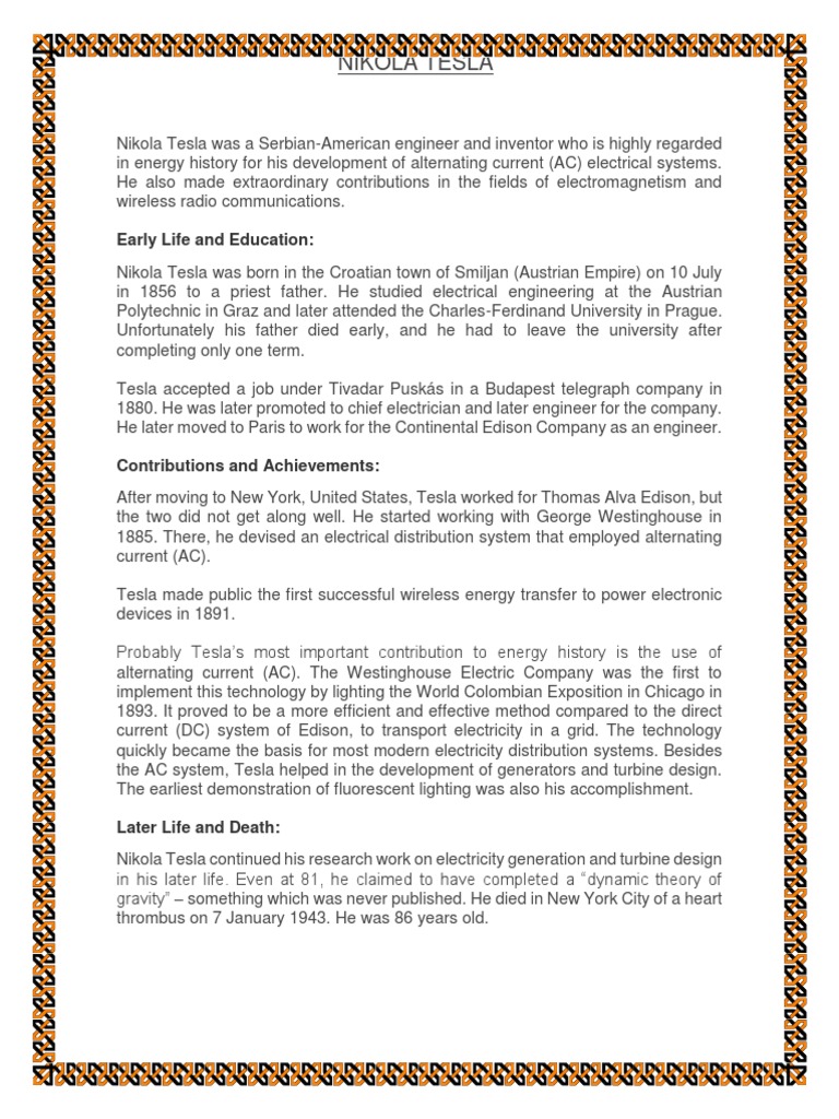 Nikola Tesla: Early Life and Education | PDF