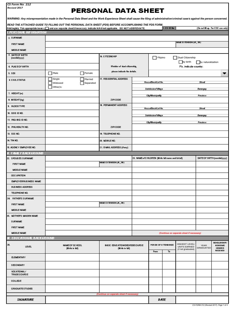 Personal Data Sheet (PDS 2017) | PDF | Passport | Personally ...