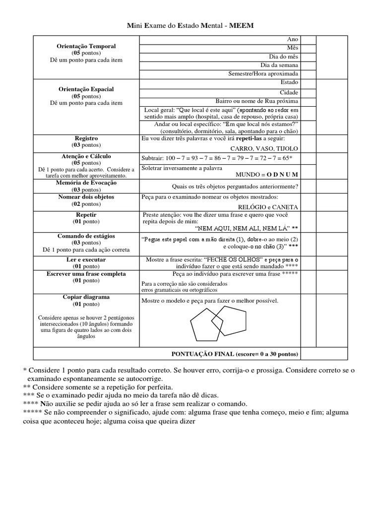 MEEM - Mini Exame Do Estado Mental | Lazer