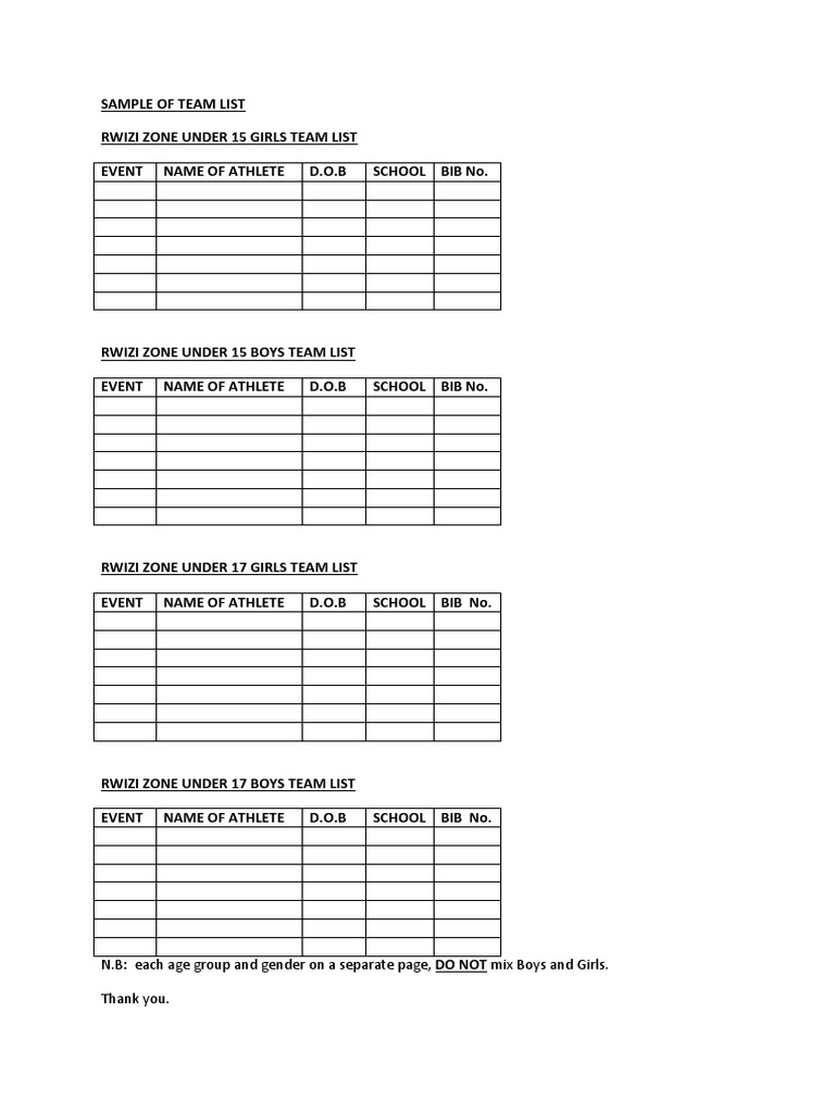 Sample of Team List | PDF