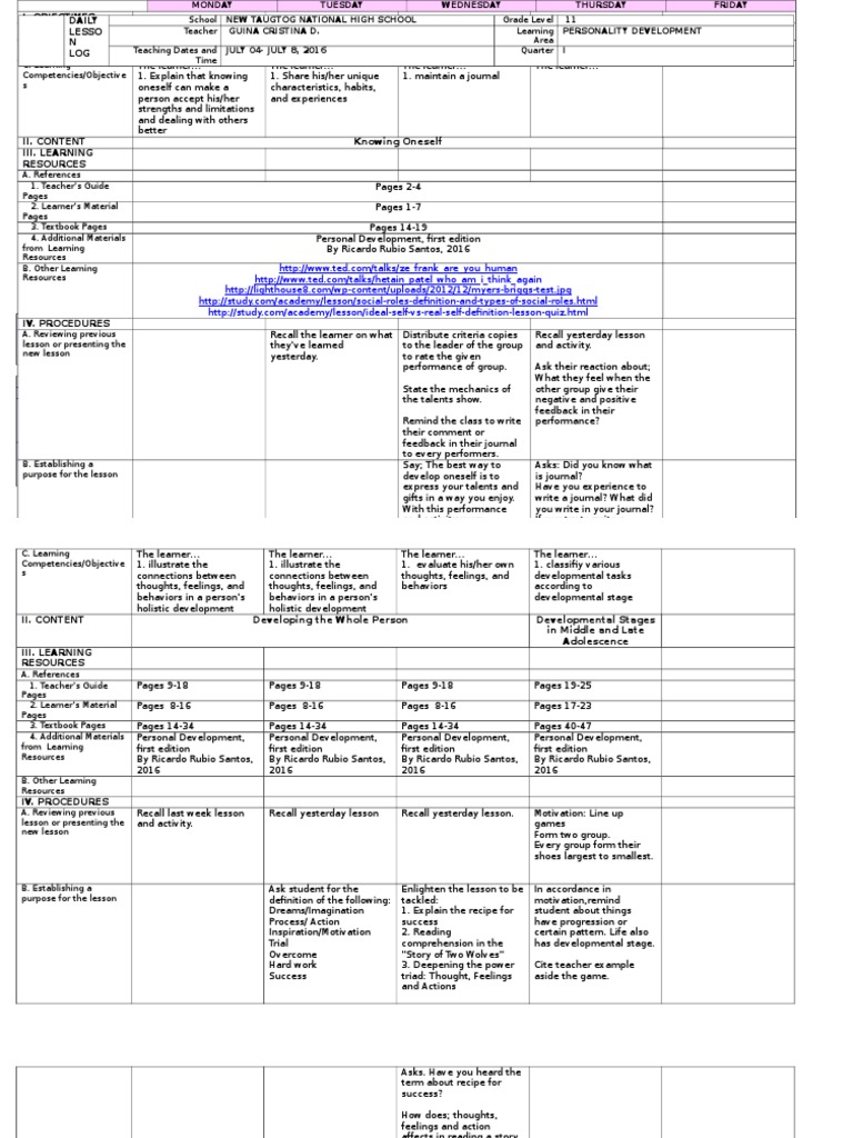 Personal Development DLL | Adolescence | Learning