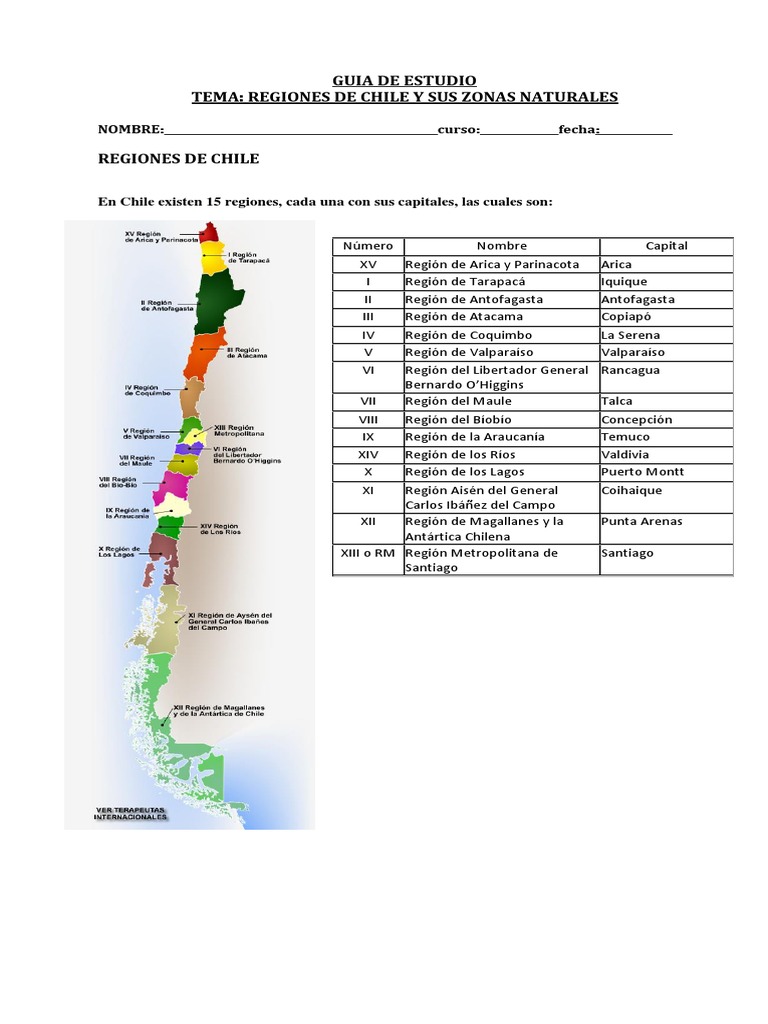 Guia de Trabajo Regiones de Chile y Zonas Naturales | Chile | Santiago