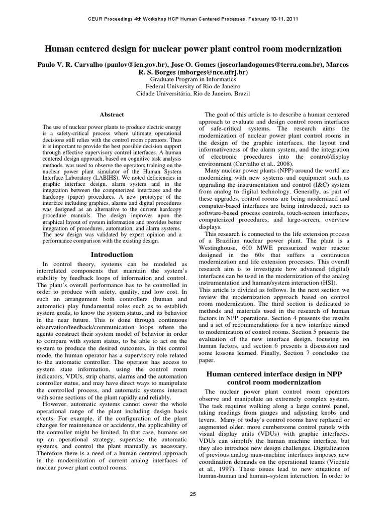 Human-Centered Design Approach for Modernizing Nuclear Power Plant Control Room Interfaces | PDF ...