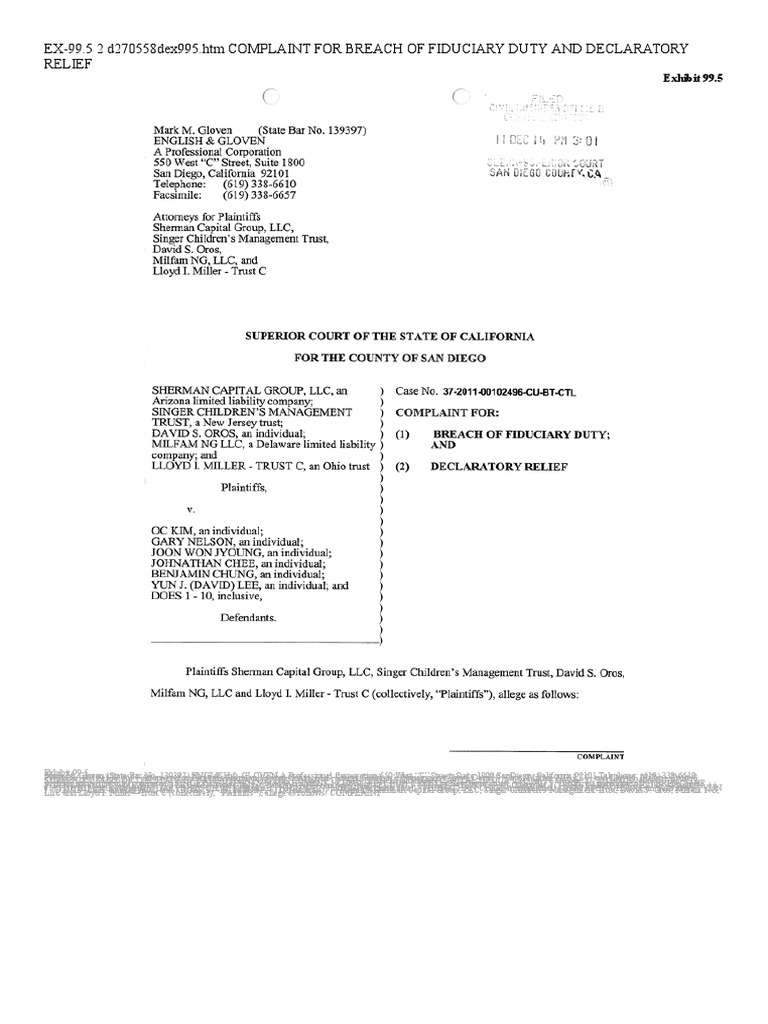 Complaint for Breach of Fiduciary Duty and Declaratory Relief | Limited Liability Company ...