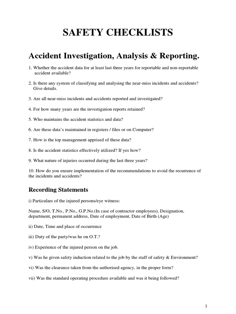 Safety Checklists: Accident Investigation, Analysis & Reporting | PDF ...