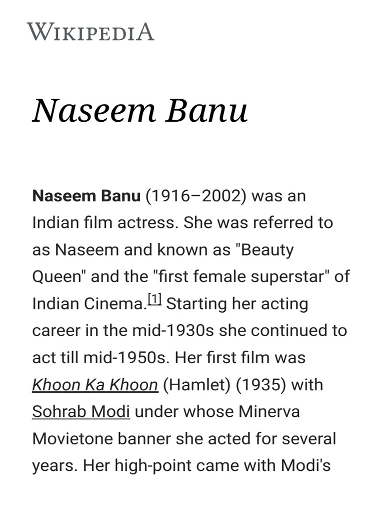 Naseem Banu - Wikipedia | Download Free PDF | Film Production Districts ...