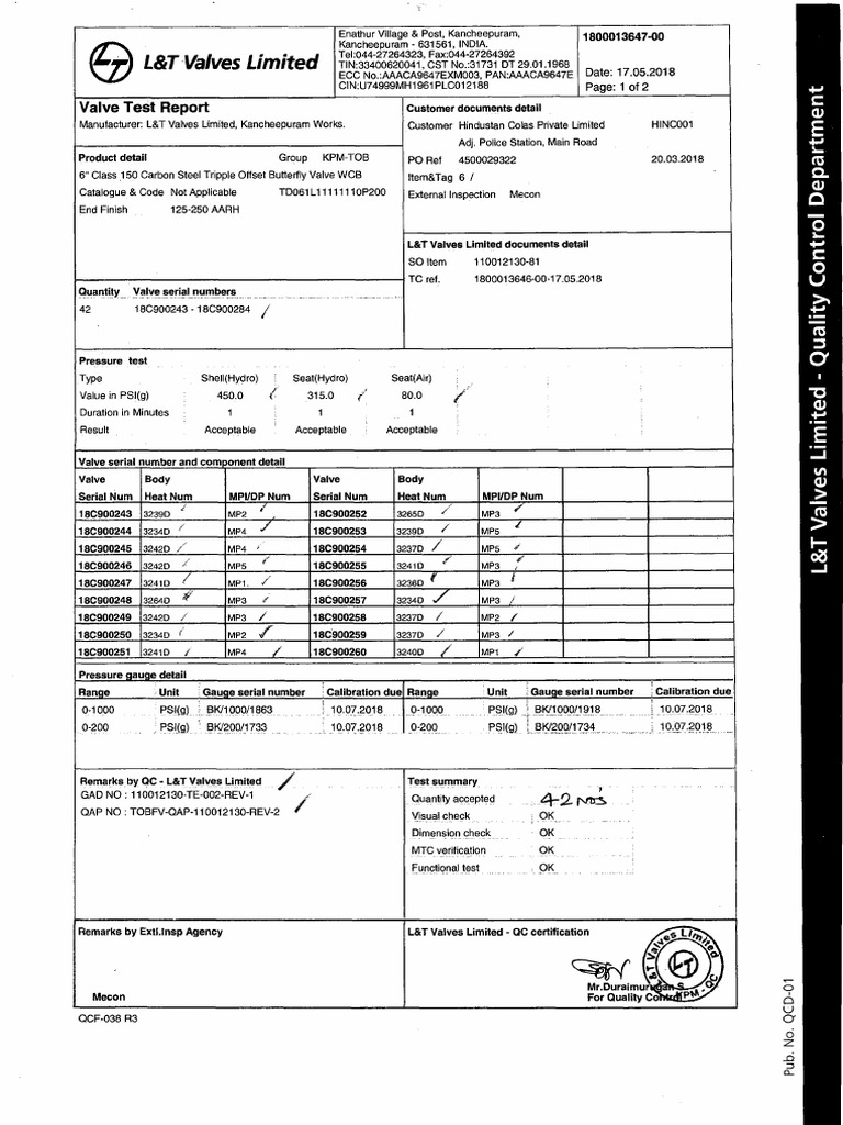MTC For Valves | PDF