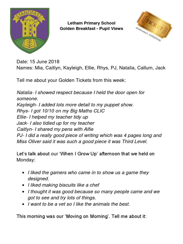 Letham Primary School Golden Breakfast - Pupil Views | PDF