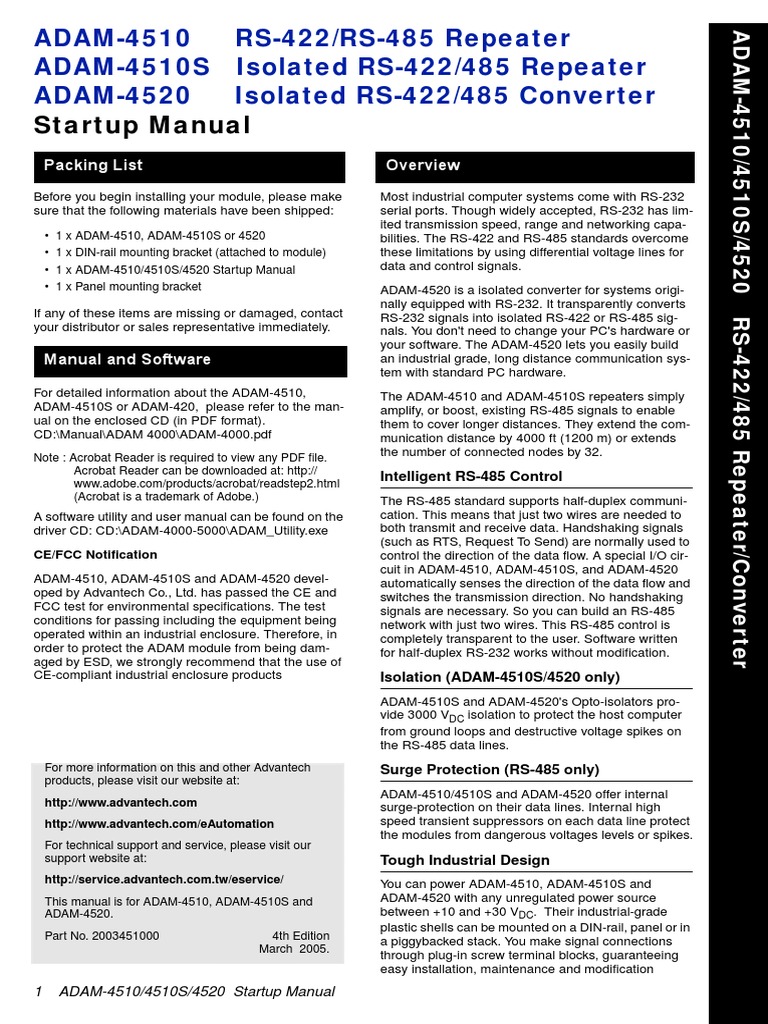 ADAM-4510 - 4510S - 4520 - Startup - Ed 4 PDF | PDF | Digital ...