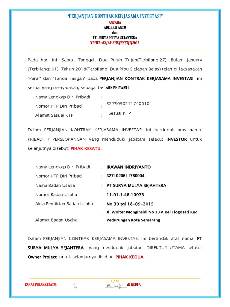 Kontrak Investasi Ade Priyanto & PT Surya Mulya | PDF
