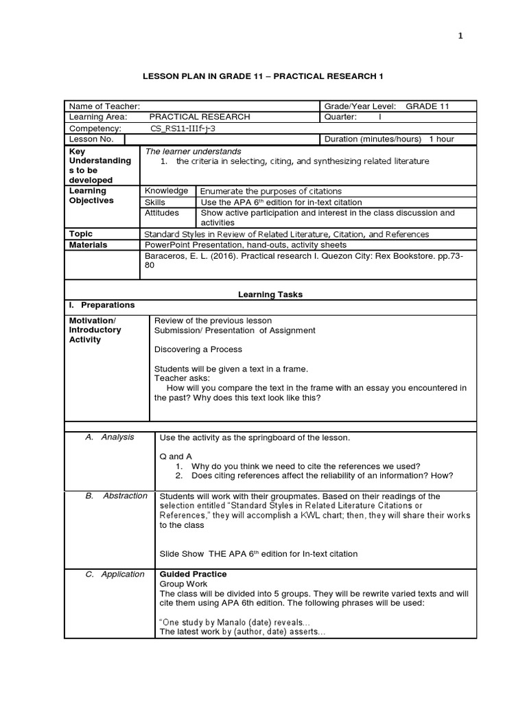 Lesson Plan For Intext Citation | PDF | Lesson Plan | Citation
