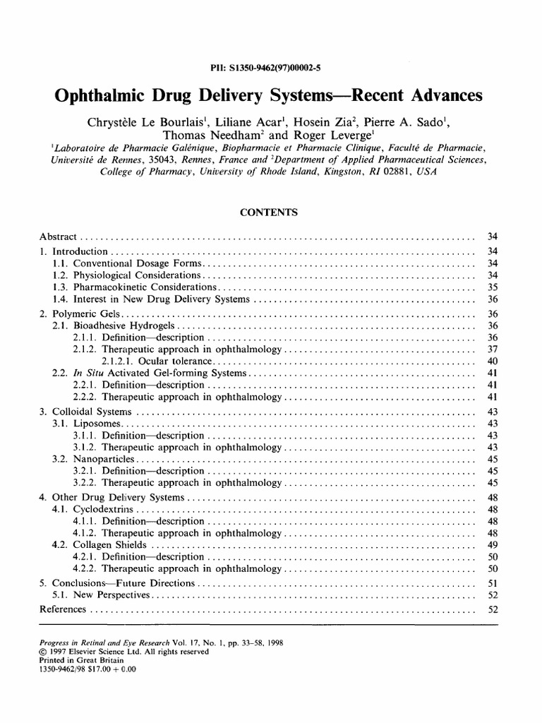 Ophthalmic Drug Delivery Systems - Recent Advances | PDF | Gel | Cornea