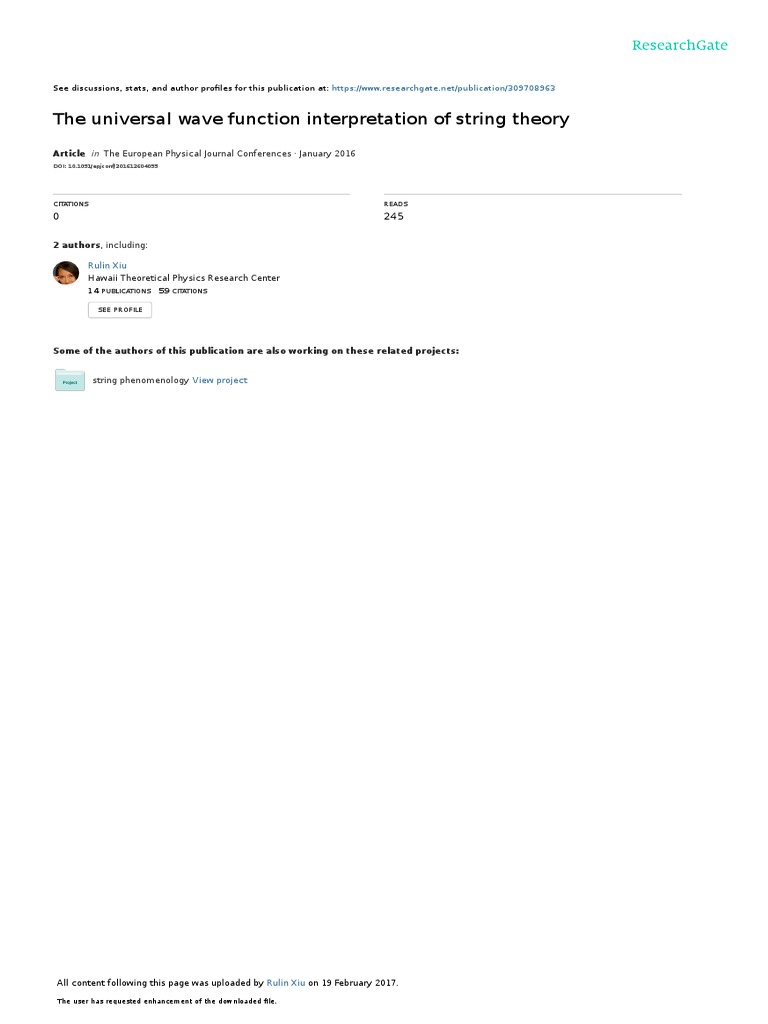 The Universal Wave Function Interpretation of String Theory: The ...