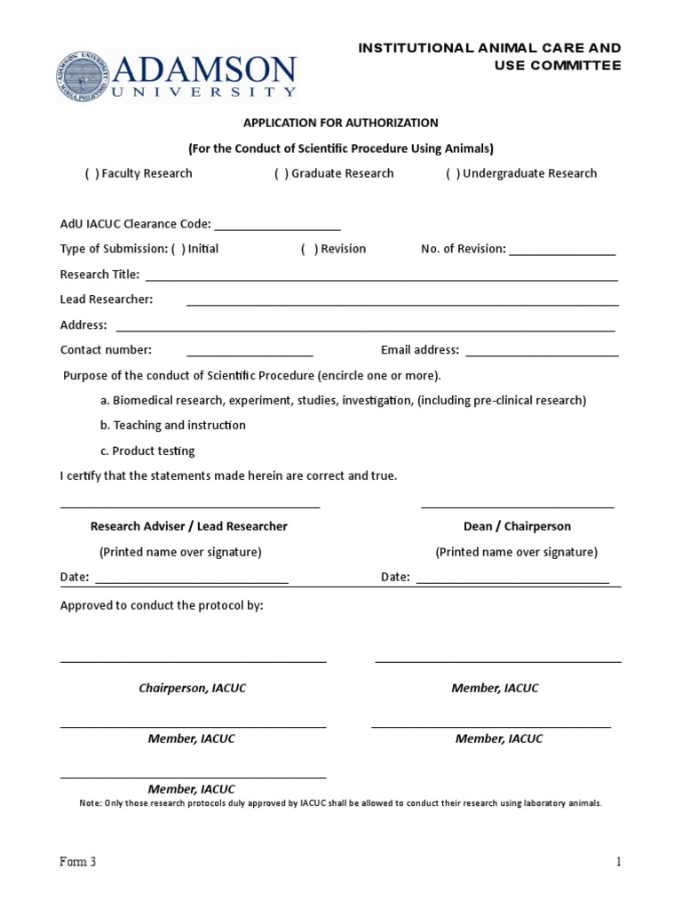 IACUC Authorization Application Form | PDF | Surgery | Science