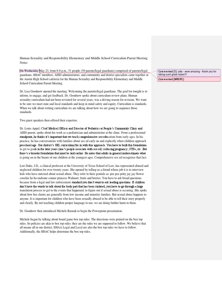 Austin ISD Human Sexuality and Responsibility Parent Meeting Notes and ...