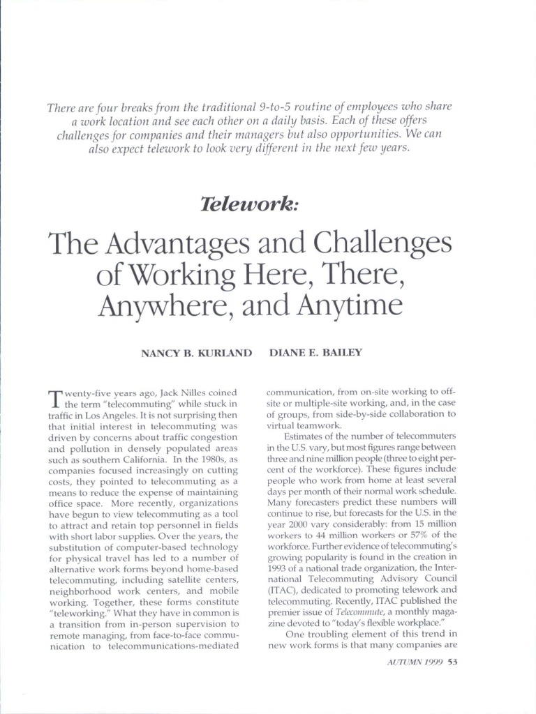 Telework The Advantages and Challenges o PDF | PDF | Telecommuting | Labour