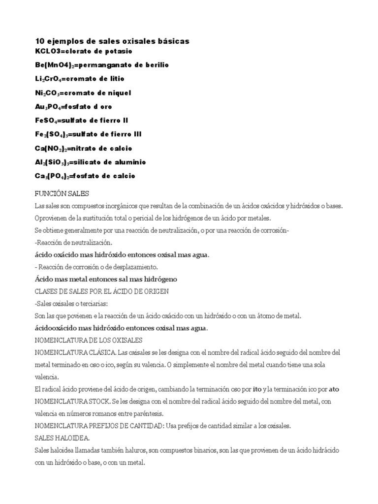 10 Ejemplos de Sales Oxisales Básicas | Descargar gratis PDF | Sal ...