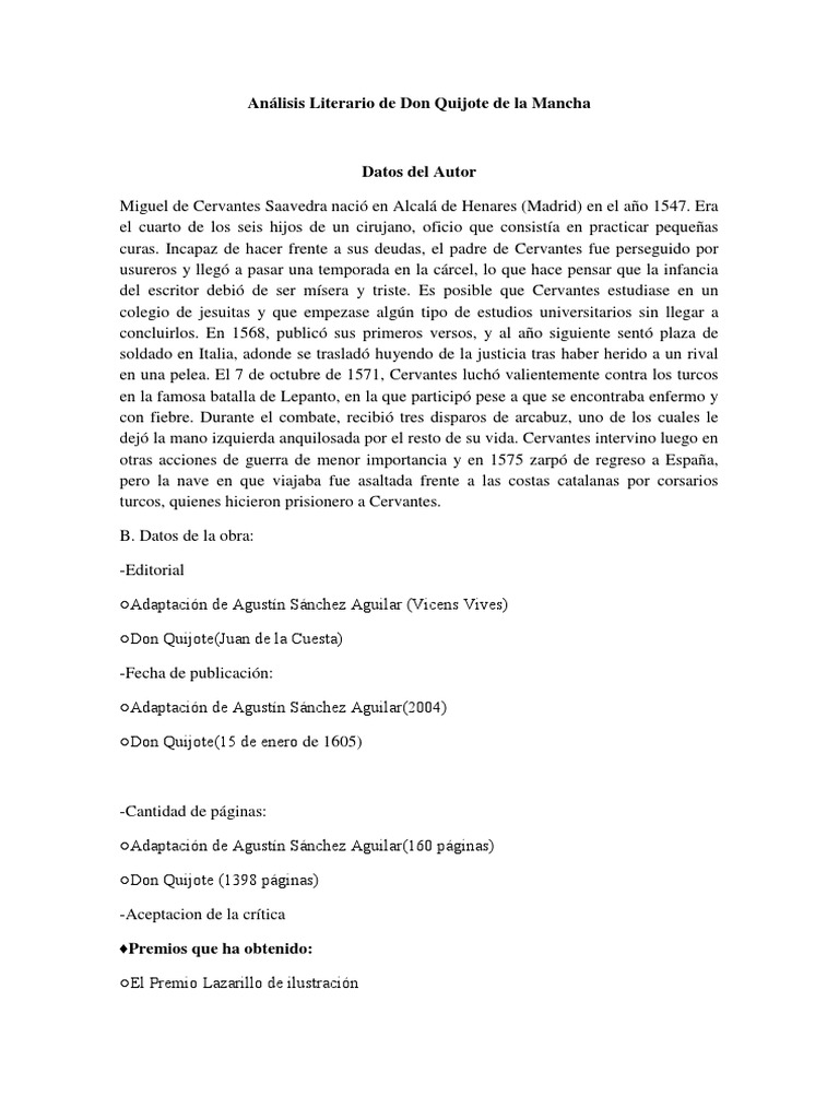 Análisis Literario de Don Quijote | PDF | Don Quijote | Miguel De Cervantes