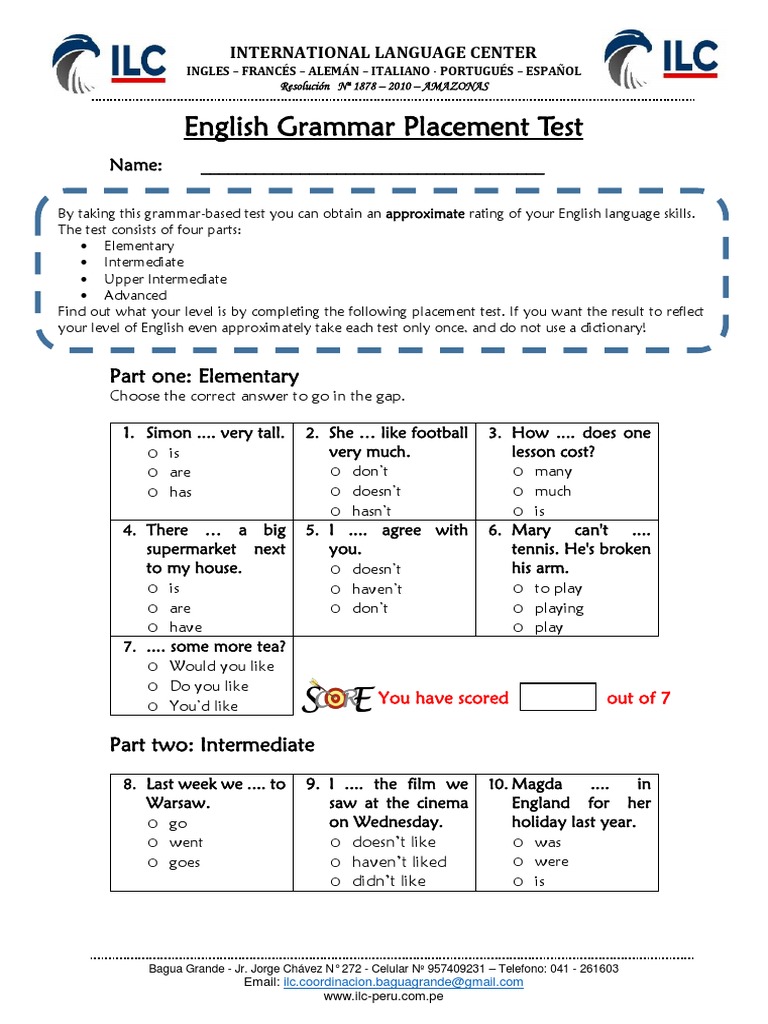 English Placement Test Sample | PDF