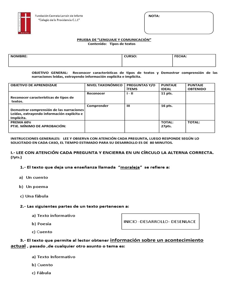 Prueba de Tipos de Textos y Comprensión | PDF | Cuentos | Fábula