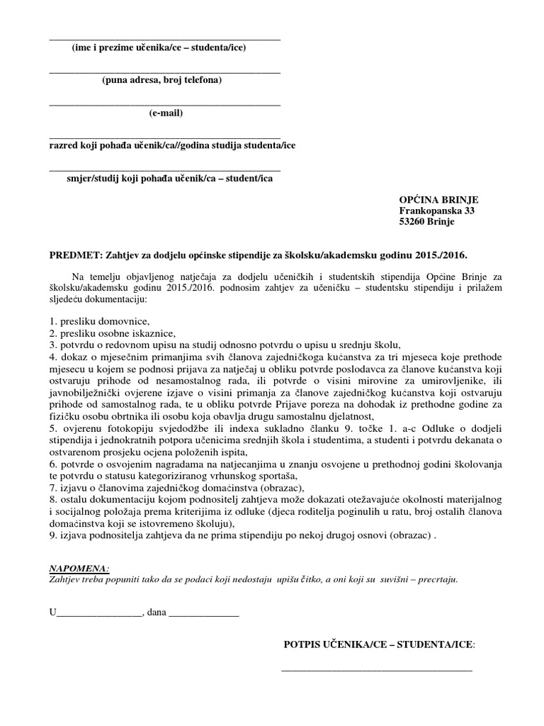 Obrazac Zahtjev Za Dodjelu Stipendija | PDF