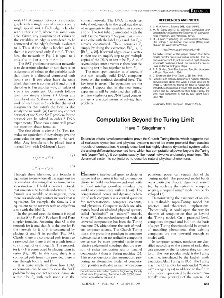 Computation Beyond The Turing Limit: Hava T. Siegelmann | PDF | Sequence | Time Complexity