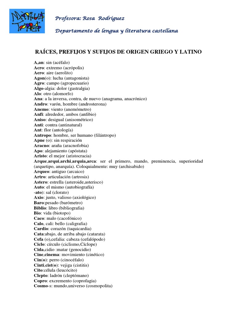 Raíces, Prefijos y Sufijos de Origen Griego y Latino | PDF | Bienestar ...