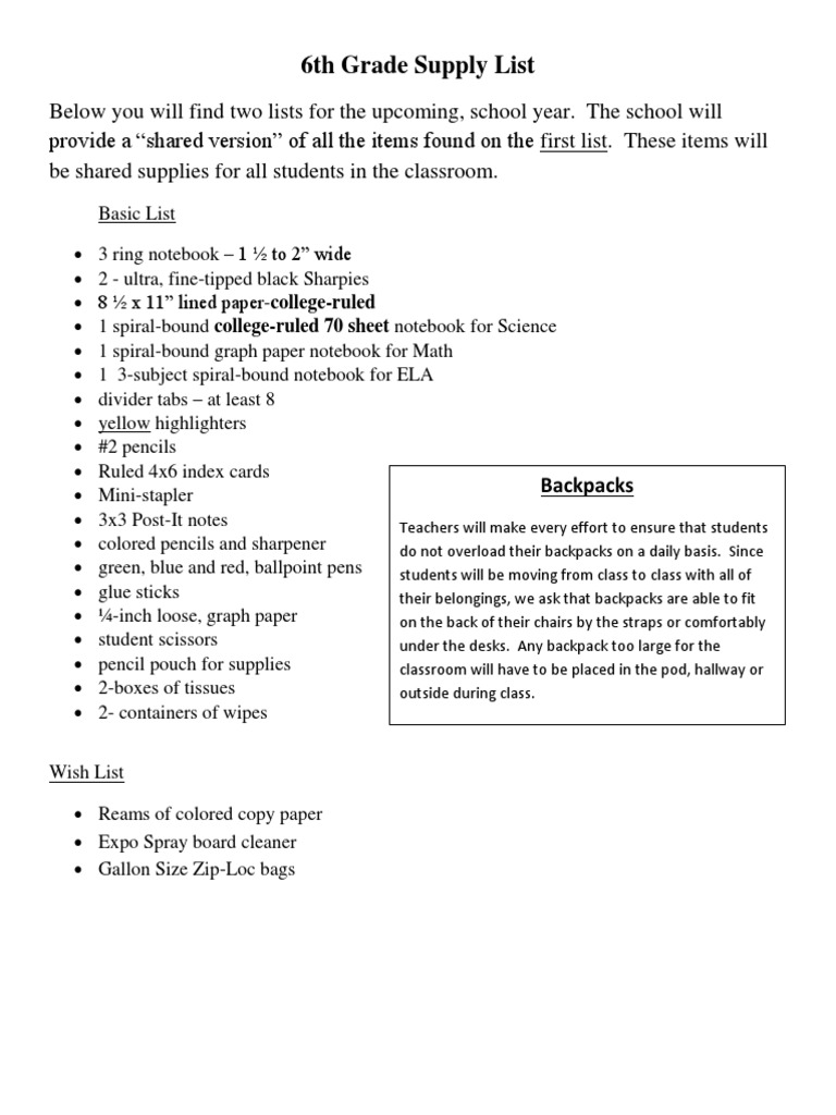 6th Grade School Supply Checklist | PDF