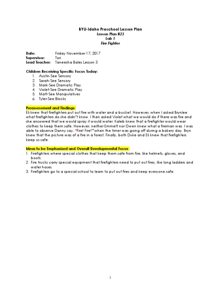 BYU-Idaho Preschool Lesson Plan | PDF | Firefighter | Fire Engine