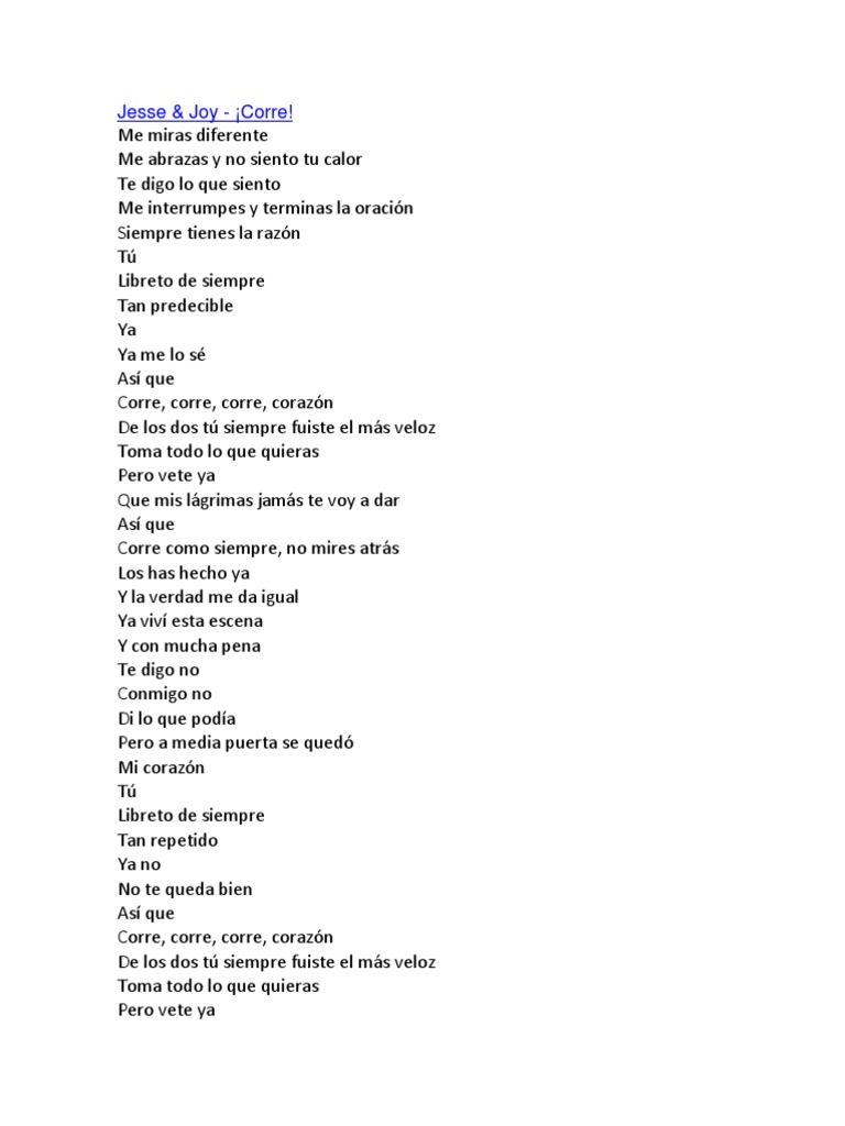 Letra de ¡Corre! Jesse & Joy | PDF