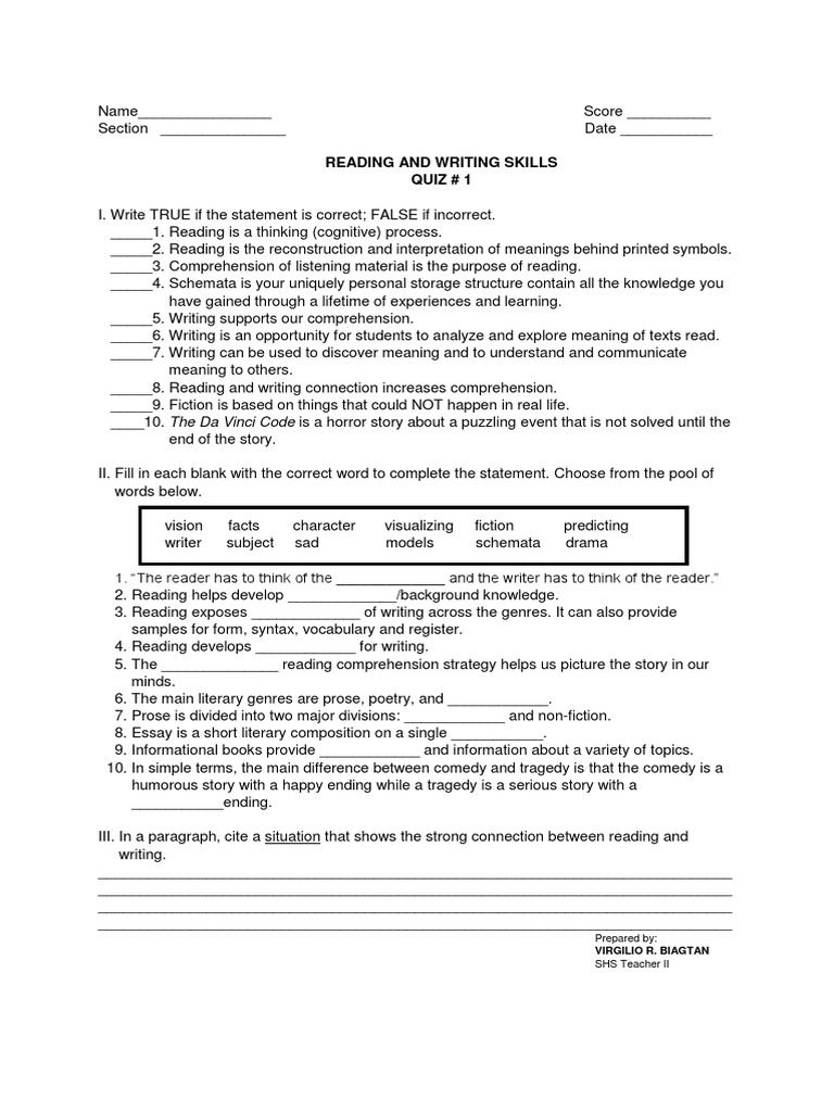 Reading and Writing Skills Quiz 1 | PDF | Reading Comprehension ...