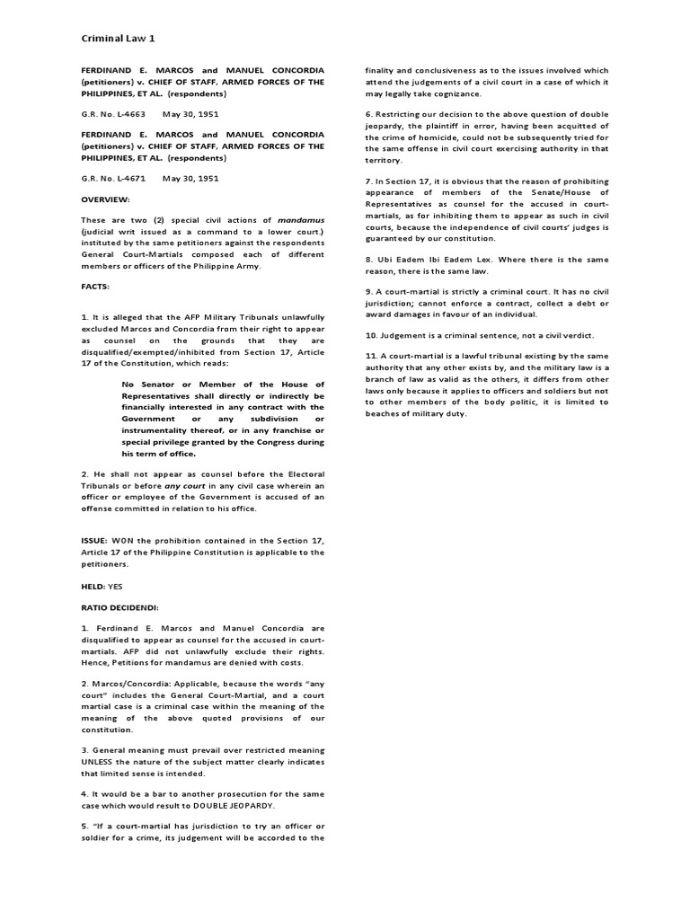 Marcos Vs Chief of Staff Digest | PDF | Courts Martial In The United ...