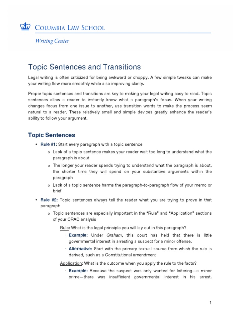 Topic Sentences and Transitions Handout | PDF | Paragraph | Sentence ...