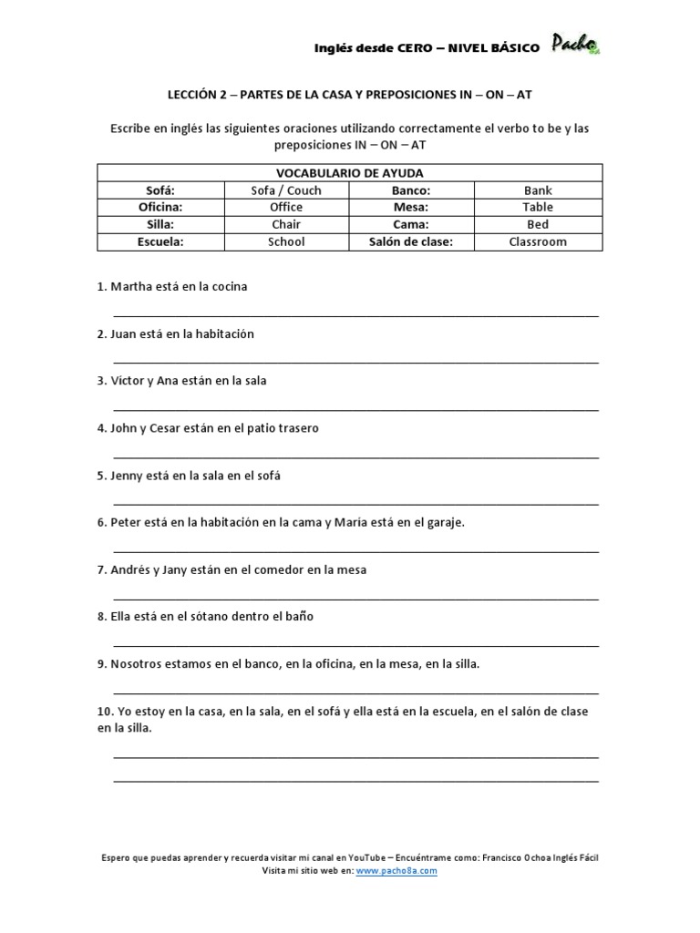 Lección 2 - Partes de La Casa y Preposiciones in On At. | PDF