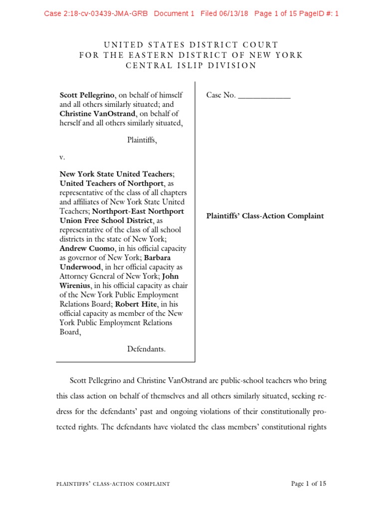 Pellegrino Et Al V New York State United Teachers Nyedce-18-03439 0001.0 | PDF | Class Action ...
