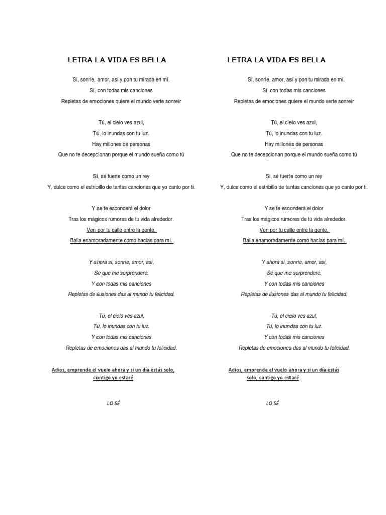 Letra de "La Vida es Bella" | PDF | Ocio